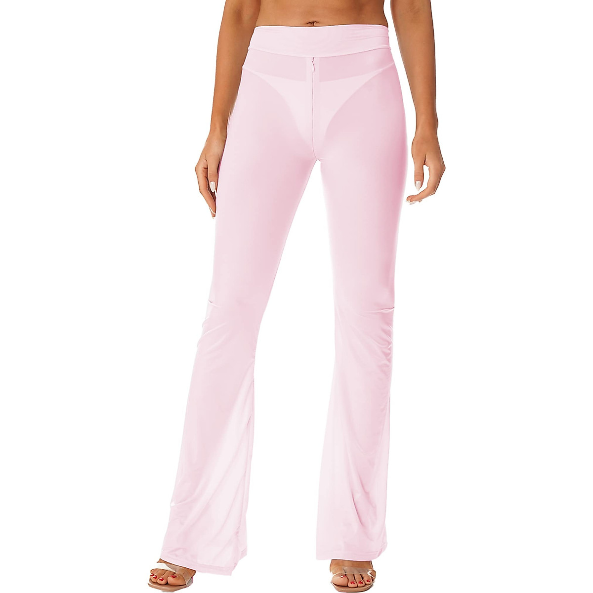 Jhaoyu Women Semi See-Through Zipper Crotch Flare Yoga Pants High Waisted Bootcut Wide Leg Workout Leggings Pink One Size