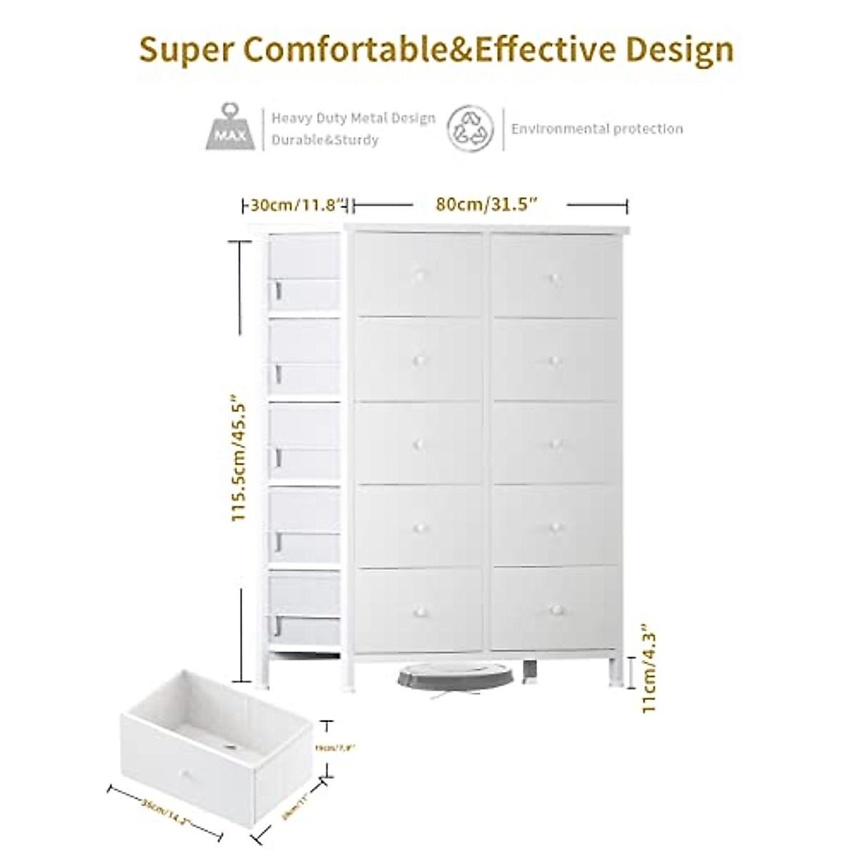 KAI-ROAD Tall White Dresser for Bedroom with 10 Drawer Dressers & Chests of Drawers Fabric Dresser Storage Tower for Closet Kids and Adult Modern