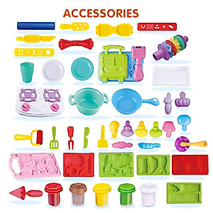 YiQis Kitchen Creatiocns Super Chef Suite Playset,Playdough Sets for Kids Ages 2-4,Preschool Cooking Play Food Toy 40 Accessories & Tools,5 Cans 2 oz Compound Dough Colors Sets for Kids 4-8