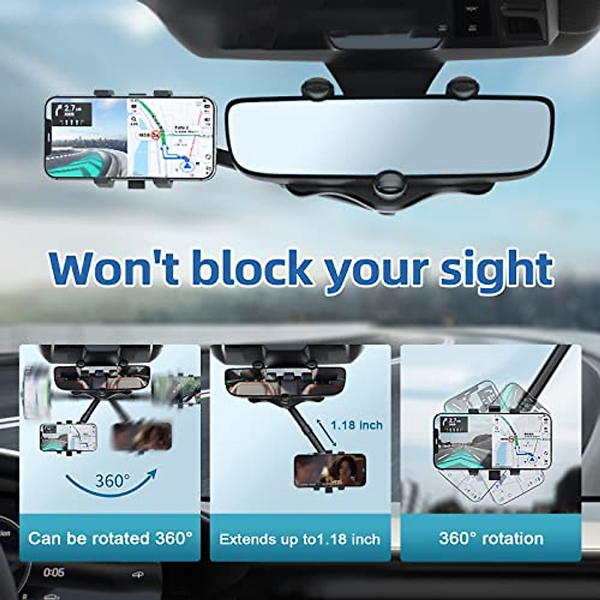 2 Pack Rearview Mirror Phone Holder for Car Multifunctional 360° Rotatable Retractable Car Phone Holder Mount ,Universal Cell Phone Holder Fit All Car and Phone, Charging Cable Included