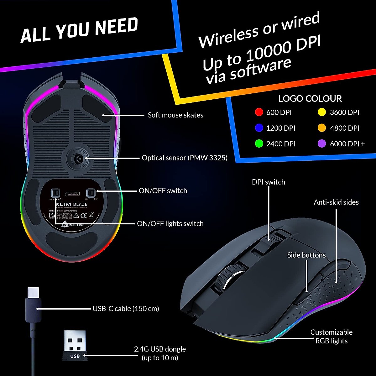 KLIM Blaze Rechargeable Wireless Gaming Mouse RGB New 2024 - High-Precision Sensor and Long-Lasting Battery - 7 Customizable Buttons - Up to 10000 DPI - Wired & Wireless Mouse for PC Mac & PS4 PS5
