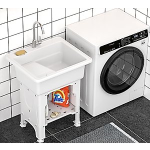 Freestanding Plastic Laundry Sink with Washboard, W25.4" x D22" x H31.5" Indoor and Outdoor Utility Sink with Cold and Hot Water Faucet, Hoses and Drain Kit for Laundry Room, Garage, Basement, Garden