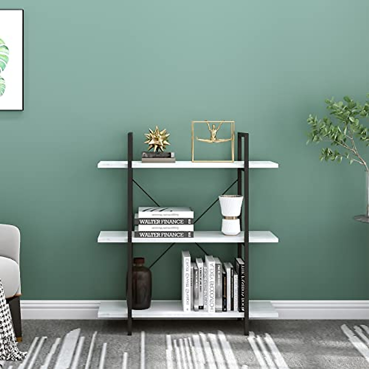 IOTXY 3-Tier Open Shelf Bookcase - Modern Freestanding Wooden Display Stand Unit with Metal Frame for Home and Office, Bookshelf, Black White