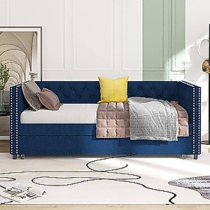CECER Space Saving Pull Out Sleeper Sofa Bed, Button Tufted Couch Bed with Riveted Design, Daybed with Trundle, Daybed for Apartment Living Room Bedroom Office, Navy Blue