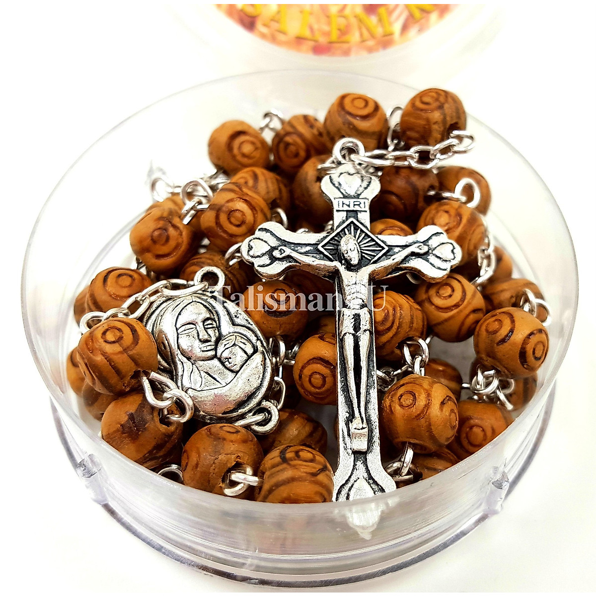 TALISMAN4U CATHOLIC ROSARY NECKLACE Olive Wood Carved Beads With Jerusalem Soil & Cross Crucifix in Gift Box