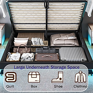 Ailisite Lift Up Storage Bed Queen with Headboard and Storage, Black Upholstered Storage Bed with Wingback Tufted Headboard, Led Queen Size Bed Frame with Charging Station, No Box Spring Needed