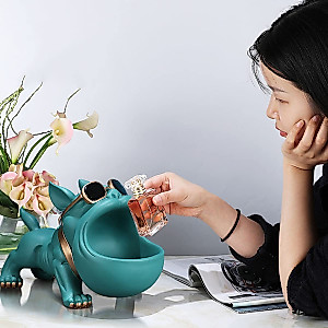 CUZOKOLA Large Size Cute French Bulldog Gifts Statue Animal Blue Turquoise Dog Candy Dish Modern Candy Bowls for Office Desk Big Mouth Storage Resin Figurine for Home Decor with Gold Glasses Frame Key