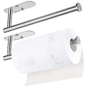 2 Pack Paper Towel Holders Under Cabinet, Self-Adhesive Paper Towel Bar,Paper Towels Rolls Holder Under Counter Wall Mount for Kitchen Bathroom Cabinets Towel Rack Stainless Steel - 13.2'Silver