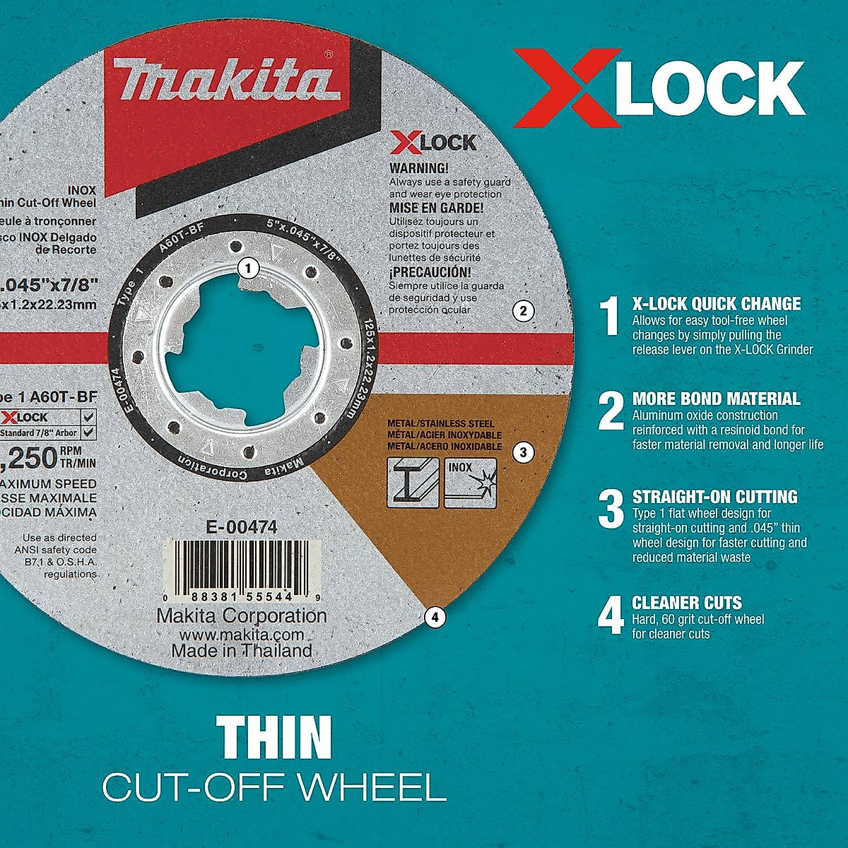 Makita E-00474 X-Lock 5" x .045" x 7/8" Type 1 General Purpose 60 Grit Thin Cut‑Off Wheel for Metal and Stainless Steel Cutting