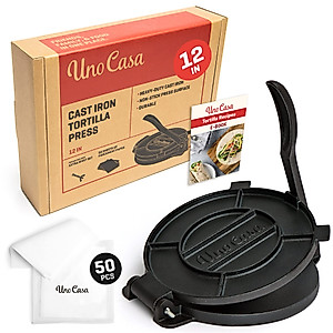 Uno Casa Tortilla Press 12 Inch Cast Iron - Heavy Duty 12 Inch Tortilla Press. Large Tortilla Press with 50 Parchment Papers - Tortilleras Mexicanas Para Hacer Tortillas