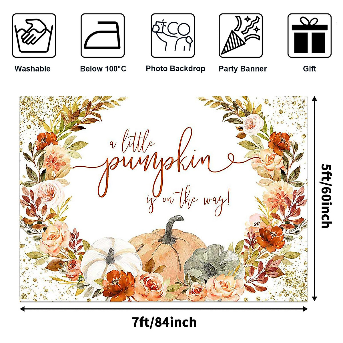 Avezano A Little Pumpkin is On The Way Backdrop Pumpkin Theme Baby Shower Party Decorations Fall Pumpkin Floral Baby Shower Photoshoot Background Photo Booth Banner (7x5ft)