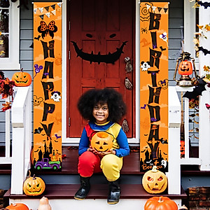Halloween Birthday Party Decorations Door Banners, 2pcs Happy Birthday Porch Sign Banner, Cartoon Themed Party Supplies Decorations Welcome Door Banner for Halloween Birthday Party