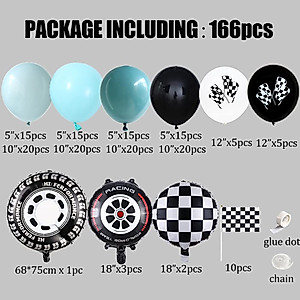 Race Car Balloon Garland Arch Kit 166PCS Dusty Blue Black Latex Balloon Wheel Checkered Foil Balloons for Baby Shower Race Car Two Fast Birthday Party Decorations