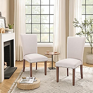Parsons Dining Chairs Set of 4, Upholstered Nailhead Dining Room Kitchen Side Chair with Thick Cushions and Wood Legs, Beige