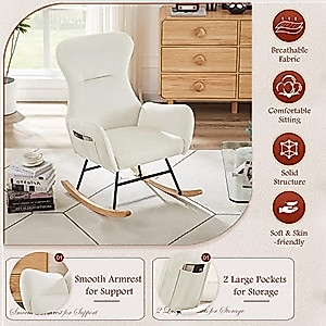 Velvet Rocking Chair for Baby Nursery, Comfy Small Rocker with 2 Pockets, Modern Upholstered Accent High Back Armchair for Living Room, Bedroom, and Office (Off White Velvet)