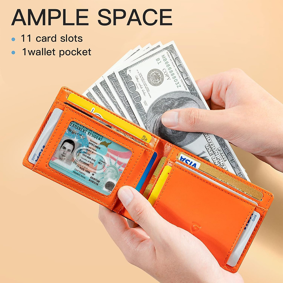 GSOIAX Slim Wallet for Men with 11 card Slots Rfid Blocking Carbon Fiber wallets Bifold Credit Card Holder Minimalist Leather With Gift Box (Carbon Black and Orange)