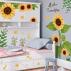Amaonm Creative Removable Sunflower Wall Sticker DIY Green Leaves Wall Decal Flowers Wall Decor Floral Peel and Stick Art for Home Kids Bedroom Girls Boys Living Room Classroom Offices Decoration