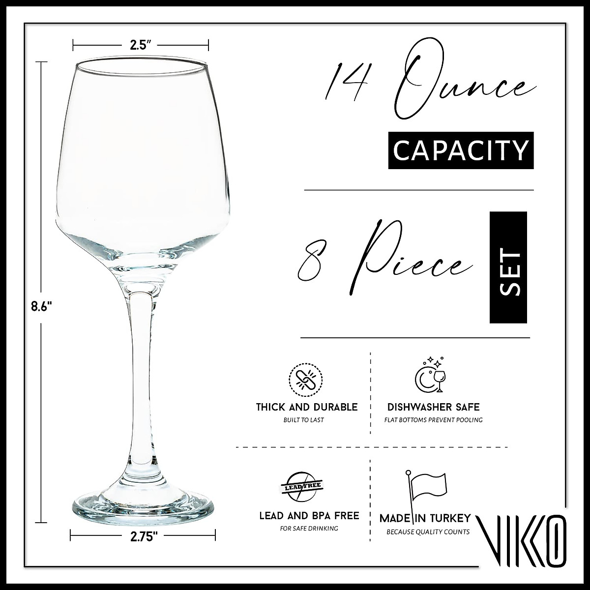 Vikko Wine Glasses, Set of 8 Red Wine Glasses, 14 Ounce Clear Wine Glass, Classic, Durable European Stemware