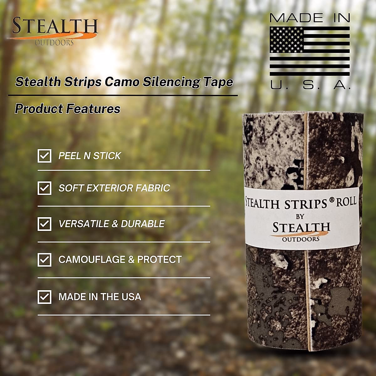 Stealth Strips Strata Camo Silencing Tape | Self Adhesive Silencing Fabric | Great for Quieting All of Your Metal Hunting Gear and Accessories | (4” X 72” Roll) (Strata Camo, 4" Wide)