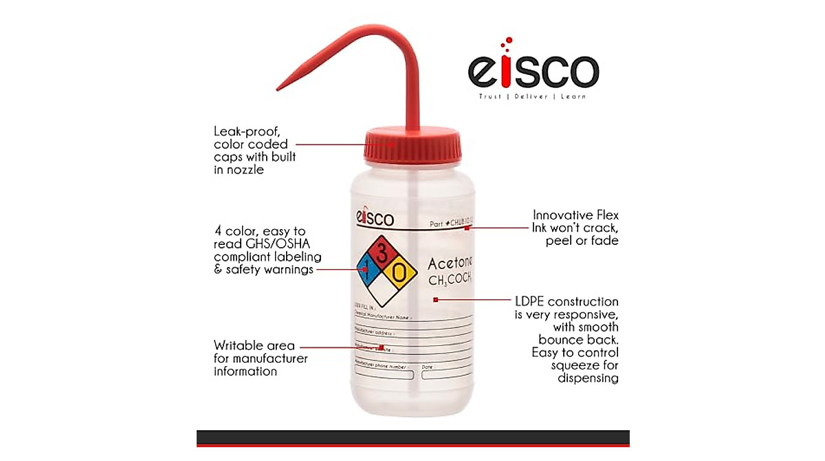 EISCO Wash Bottle 500ml with Color Coded Safety Labels - Lab Ready