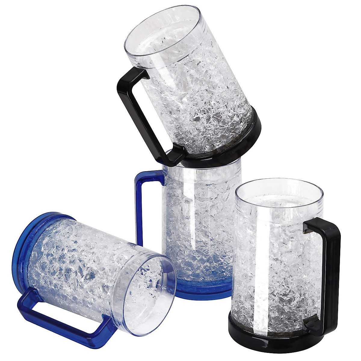Patiomos Drinking Glasses Cups, Double Wall Gel Freezer Beer Mugs, Freezer Ice Mugs Cups, 16oz, Plastic Cooling Beer Mug Clear Set of 4 (2Blue and 2Black)