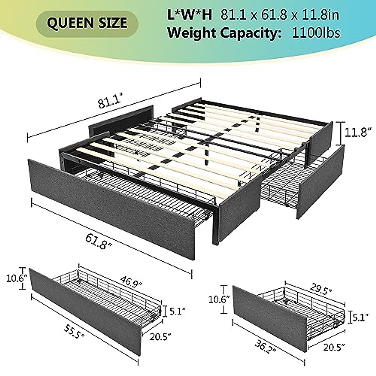 Queen Bed Frame with 3 Storage Drawers, Fabric Upholstered Platform Bed Frame Queen Size Queen No Fixed Headboard,Strong Matel Frame and Wooden Slats Support No Nosie No Box Spring Needed (Queen)