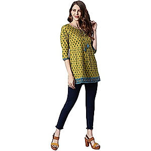 Janasya Indian Women's Green Cotton Tunic(JNE3688-TU-S)