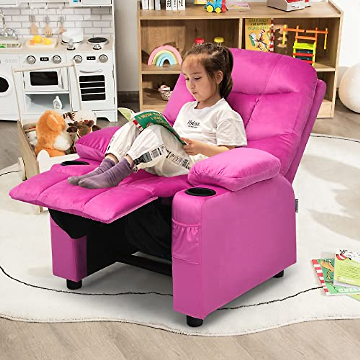 COSTWAY Larger Kids Recliner Chair, Adjustable Lounge Recliner w/ 2 Cup Holders, 1 Side Pocket, 2 Front Pockets, Footrest, Velvet Fabric Recliner for Boys & Girls, Ideal for Bedroom (Pink)