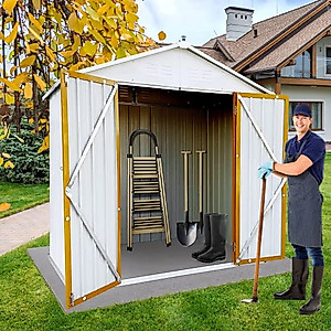 Ampela Outdoor Storage Shed, Metal Outside Sheds with Apex Roof Galvanized Steel for Backyard, Patio, Lawn, Tool Shed with Lockable Door for Trash Can, Bike, Lawnmower, 4x6 FT,Yellow+White