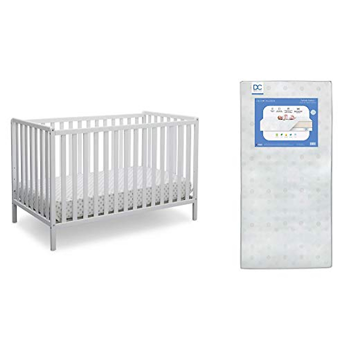 Delta Children Heartland 4-in-1 Convertible Crib, Bianca White + Delta Children Twinkle Galaxy Dual Sided Recycled Fiber Core Crib and Toddler Mattress (Bundle)