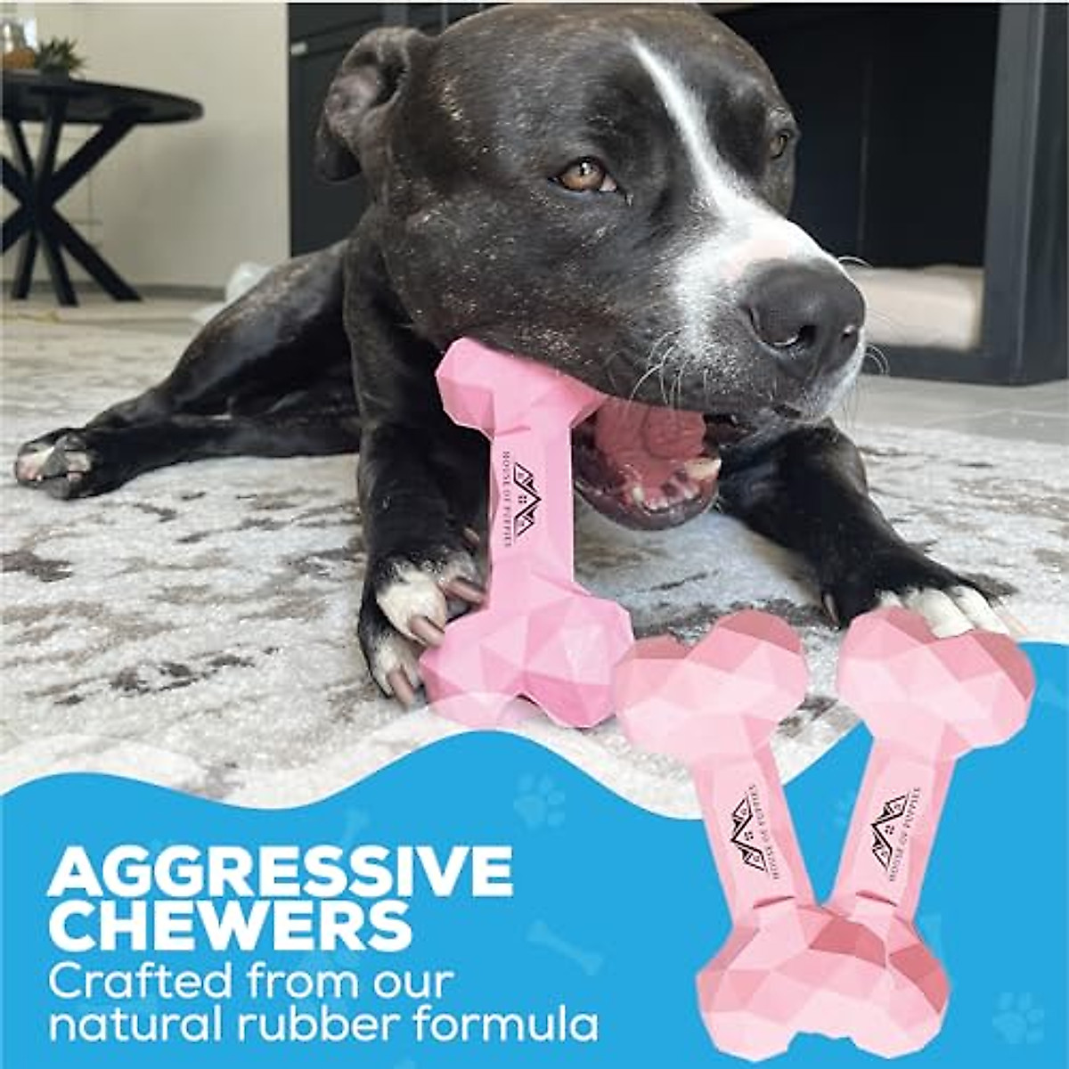 House of Puppies Dog Toys for Aggressive Chewers with Durable Natural Rubber - for Teething and Dental Care (Medium, Pink)
