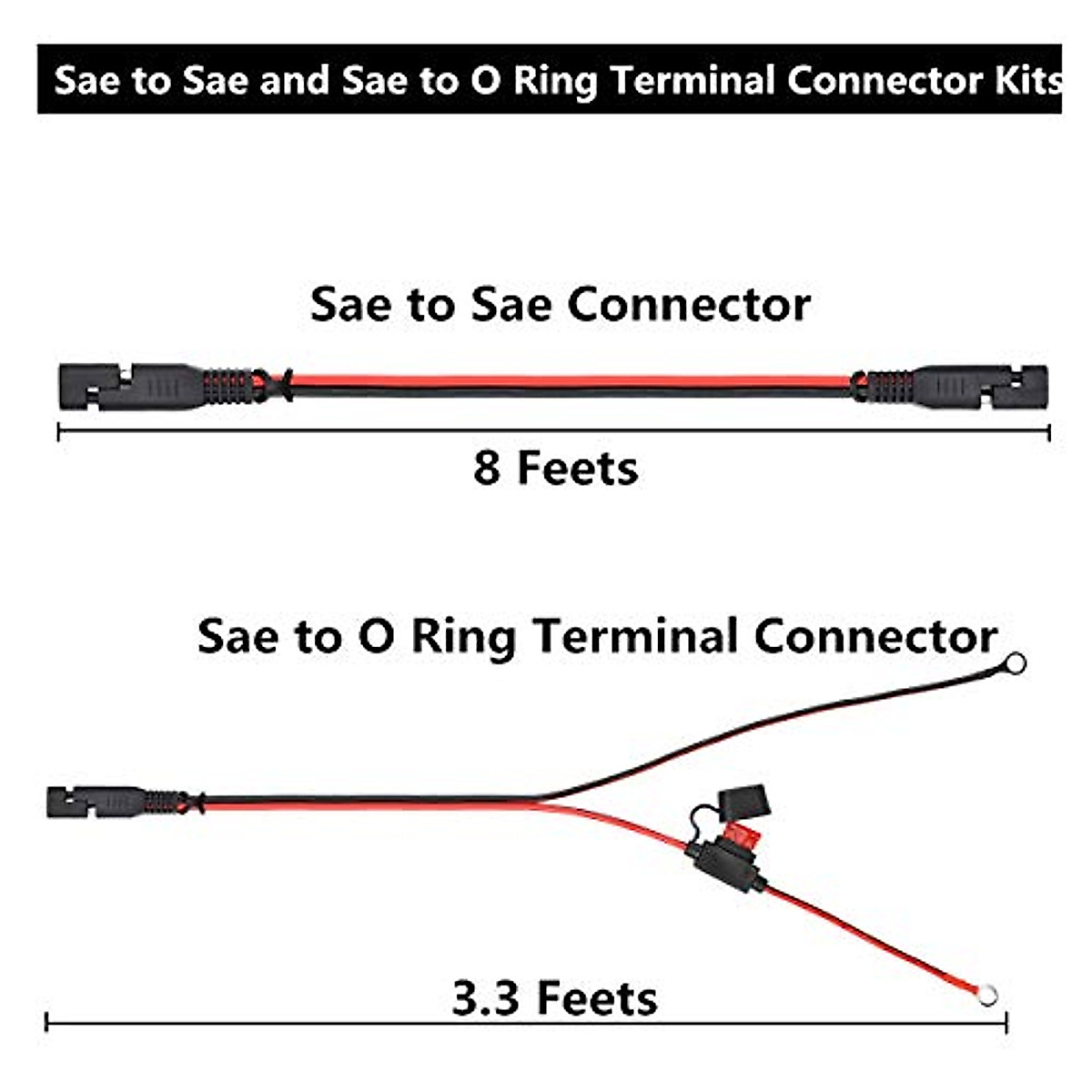 2 Pcs 16 AWG SAE Battery Charger Kit, 8 Ft SAE To SAE DC Power Connector Cable And 3 Ft Ring Terminal Harness With Fused SAE Quick Disconnect Plug