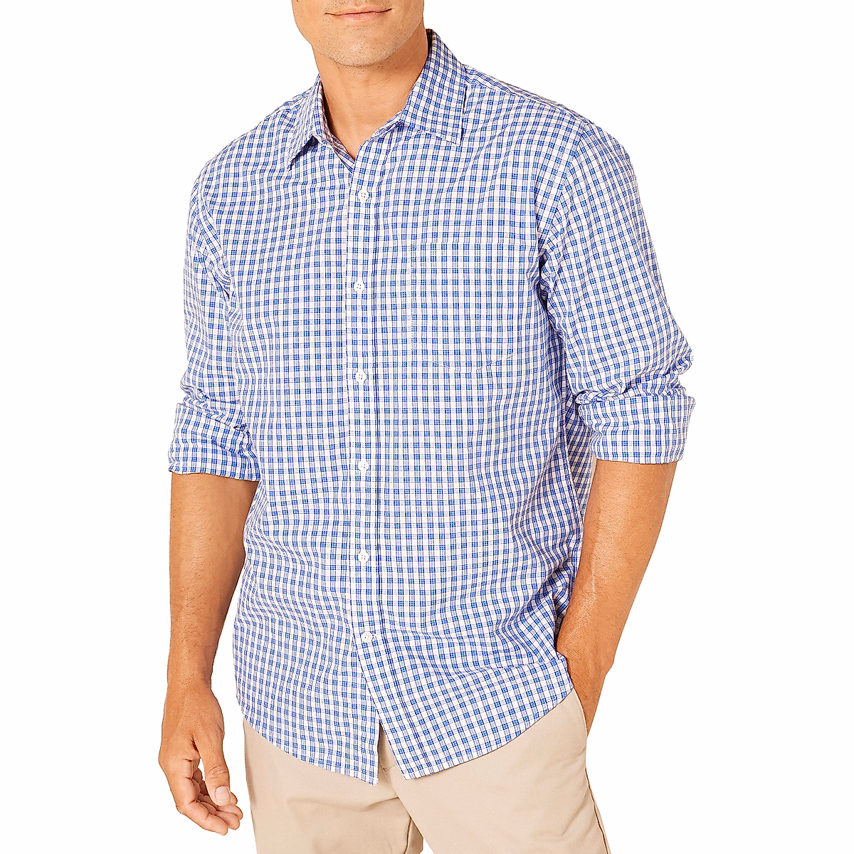 Amazon Essentials Men's Regular-Fit Long-Sleeve Casual Poplin Shirt, Blue White Checked, X-Large