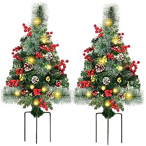 Juegoal 2 Pack 30 Inch Pre-Lit Pathway Christmas Trees, Upgrade Artificial Xmas Urn Filler with 60 LED Lights, Red Berries and Pine Cones Ornaments, Battery Operated Holiday Décor for Driveway, Yard