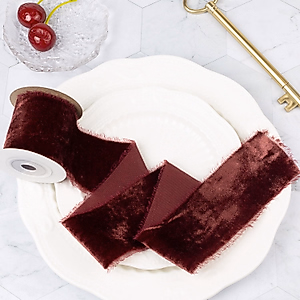 Mlurcu Silk Velvet Ribbon 2 Inch Handmade Frayed Fringe Ribbon Rustic Boho Raw Edge Fabric Ribbons for Wedding Vow Books Invitations Bridal Bouquets Gift Wrapping Christmas Baby Shower Decorations