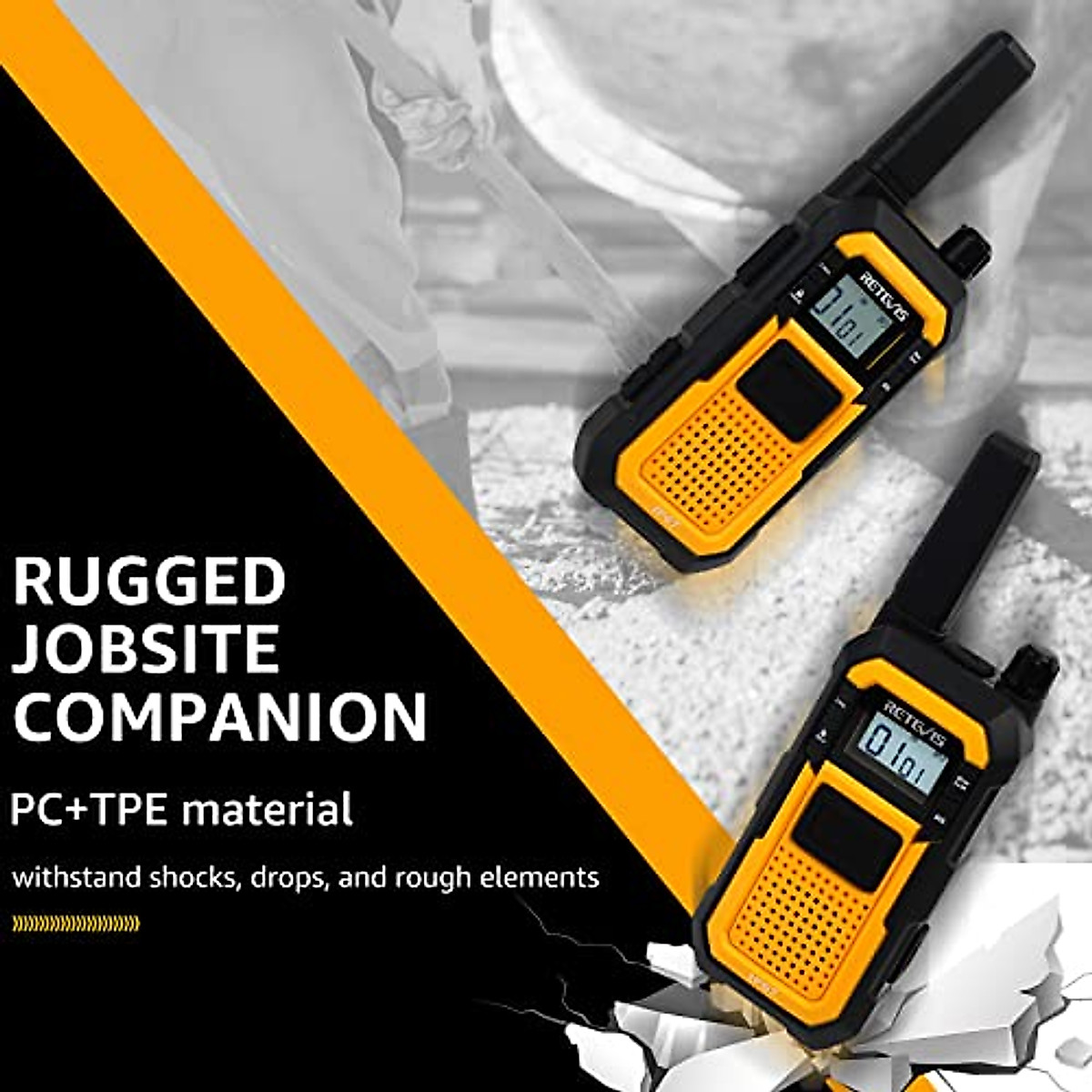 Retevis RB48 Heavy Duty Walkie Talkies,Waterproof Two Way Radio,Shock-Resistant,2000 mAh,Emergency Alert,2 Way Radio Long Range for Job Site (4 Pack)