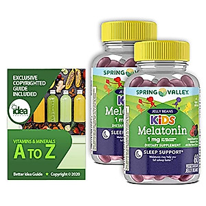 Spring Valley Kids Melatonin, 1 mg Vegetarian Jelly Beans Supplement, 60 Ct (2 Pack) Bundle with Exclusive Vitamins & Minerals - A to Z - Better Idea Guide (3 Items)