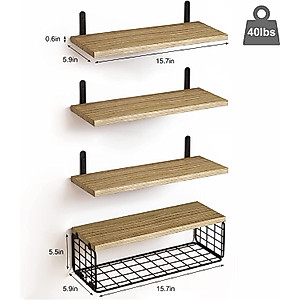 Longzhuo 4+1 Tier Floating Shelves, Rustic Wood Wall Shelf, Bathroom Shelves Over Toilet with Wire Storage Basket, Farmhouse Wall Decor for Bedroom, Kitchen, Living Room and Plants, Brown