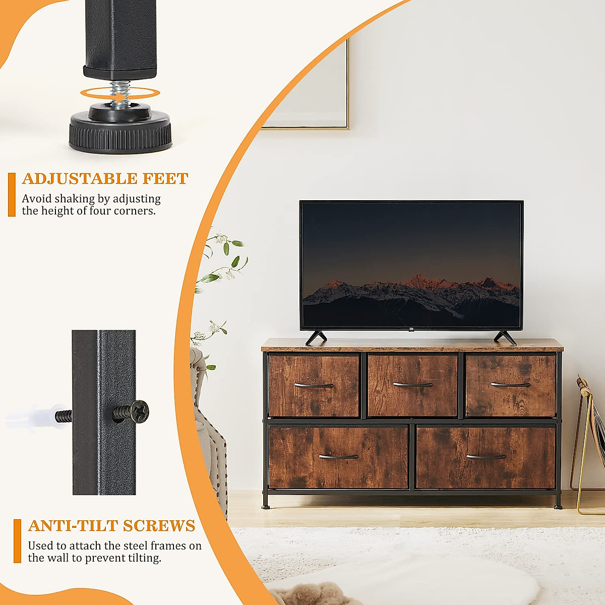 Sweetcrispy Dresser for Bedroom 5 Fabric Drawers Dresser Clothes Cabinet Storage Organizers and Wood Top Surface Table for TV, Chest of Drawers for Bedroom, Living Room, Hallway, Porch Organization