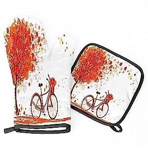 Thanksgiving Fall Leaves Tree Oven Mitts and Pot Holders Sets Heat Resistant Non Slip Oven Glove and Insulated Kitchen Counter Mat Suitable for Cooking Baking Grill