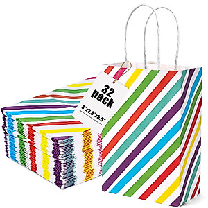 Shindel 32PCS Rainbow Gift Bags, Colorful Paper Bags Goodie Bags with Handles, 5.5"x2.8"x8" Party Favor Bags for Graduations, Baby Showers, Birthdays and Party Supplies