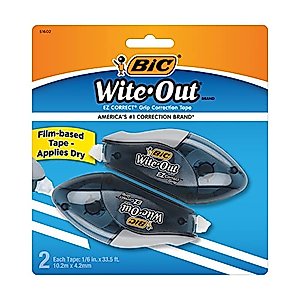 BIC Wite-Out Brand EZ Correct Grip Correction Tape, 19.8 Feet, 2-Count Pack of white Correction Tape, Fast, Clean and Easy to Use Tear-Resistant Tape Office or School Supplies