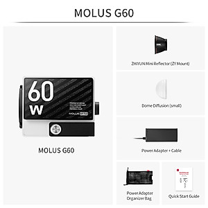 ZHIYUN Molus G60, Bi-Color Video Light, 300g Portable 60W COB LED Continuous Output Lighting, CRI≥96, TLCI≥97, Bluetooth App Control, ZY Mount Ecosystem DC/PD Power Supply