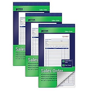 Sales Order Books, 3 Pack, 2-Part Carbonless (White/Canary Yellow), 4-1/8 x 7-3/16 inches, by Better Office Products, 50 Sets per Book, 150 Total Sets, 3 Books