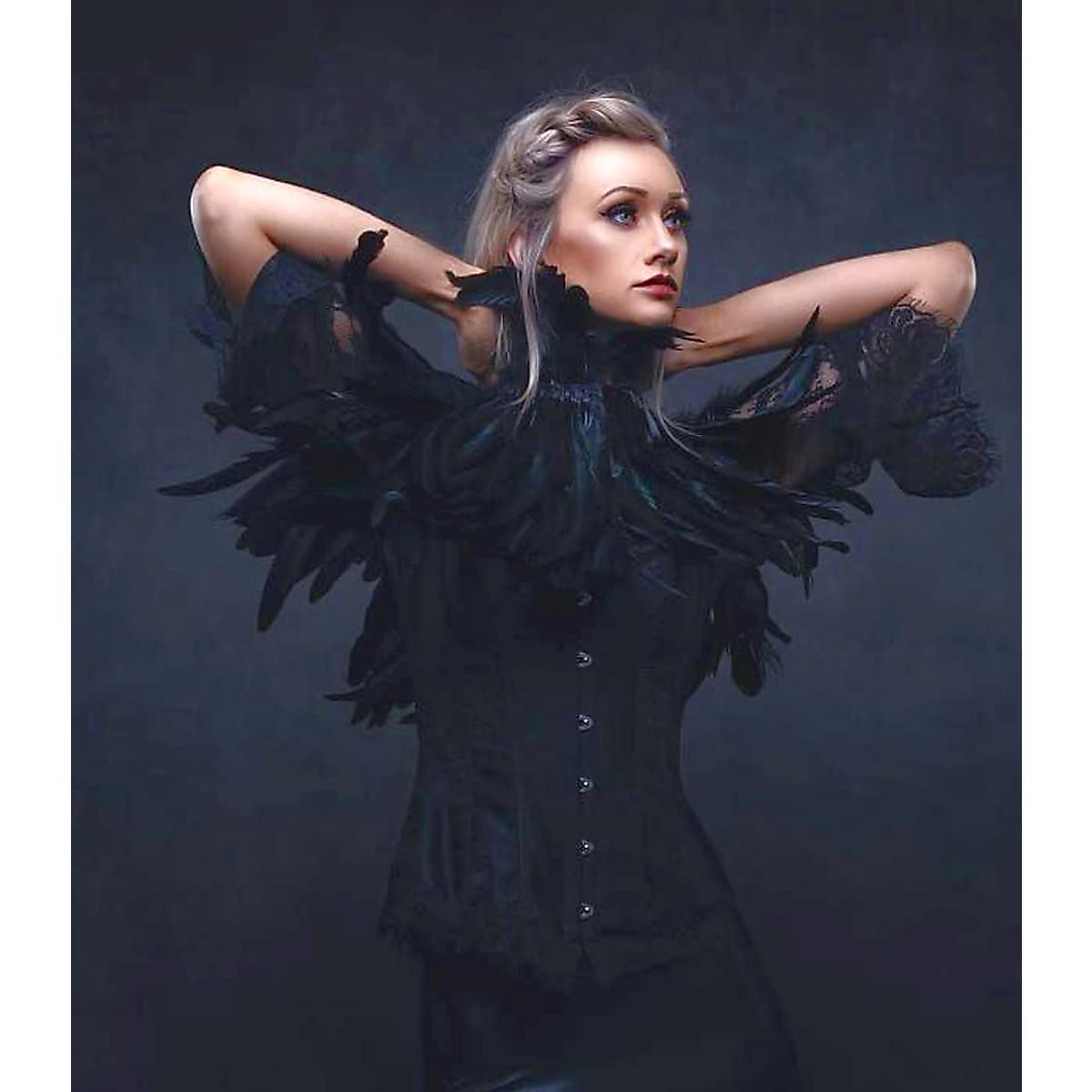 L'VOW Black Feather Shrug Cape Raven Crow Shawl Collar Maleficent Halloween Black Swan Costumes for Women(Black003)