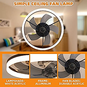 YOZLNFO 2024 20'' Modern Ceiling Fan with Lights Remote Control, 6 Speeds 3 Colors Geometric Bladeless Ceiling Fan with Lights, Black Low Profile Flush Mount Ceiling Fan for Kitchen Bedroom Living