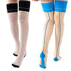 Littleforbig Backseam Thigh High Sheer Colored Silk Stockings with Colored Cuffs 2 Pairs - Blue Black