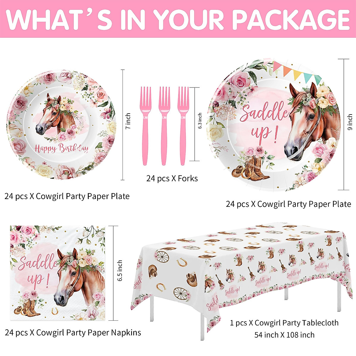 HIPVVILD Cowgirl Party Decorations Tableware - Western Horse Birthday Party Supplies For Girl, Plate, Napkin, Fork, Tablecloth, Wild West Cowgirl Birthday Baby Shower Decorations Dinnerware | Serve 24