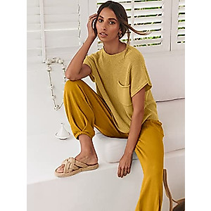 ANRABESS Women's Two Piece Outfits Knit Sweater Vest Crop Top Pants Lounge Matching Tracksuit Sweatsuit Travel Clothes Sets Yellow Large