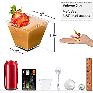 DLux 50 x 2oz Square Mini Dessert Cups with Spoons, Clear Plastic Parfait Appetizer Cup - Small Reusable Serving Bowl for Tasting Party Desserts Appetizers - With Recipe Ebook